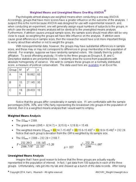 anova1 weight unweight pdf weighted arithmetic mean analysis of variance