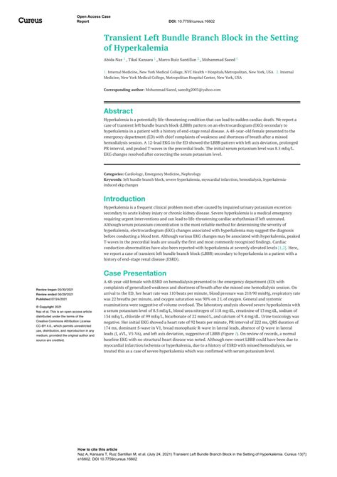 pdf transient left bundle branch block in the setting of hyperkalemia