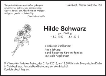 Traueranzeigen von Hilde Schwarz Schwarzwälder Bote Trauer