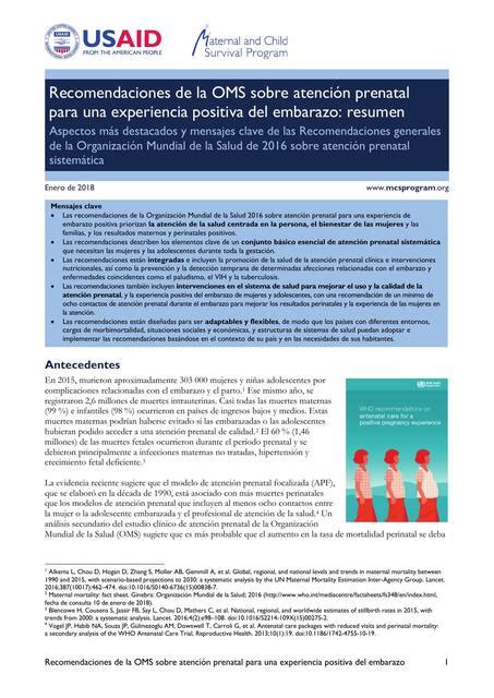 Recomendaciones de la OMS sobre Atención Prenatal para una Experiencia