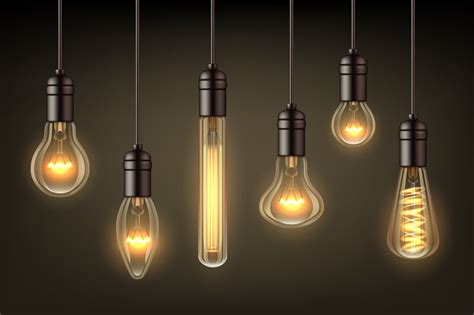 Glow Realistic Lamps Incandescent Light Hang Bulb Wire Vector Illustr