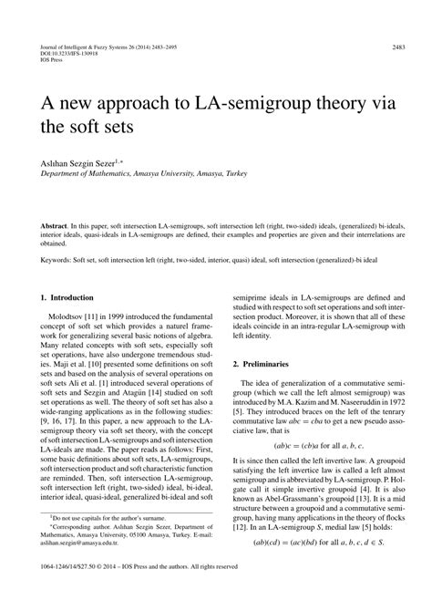 pdf a new approach to la semigroup theory via the soft sets
