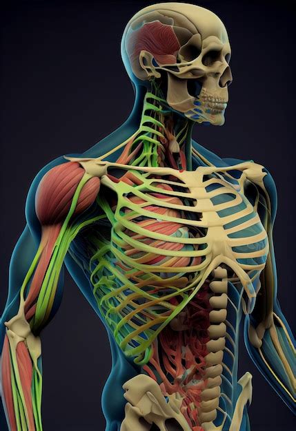 Esqueleto e músculos da anatomia do corpo humano em um fundo preto
