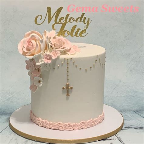 Bautizo Cake With Pink Flowers And Cross