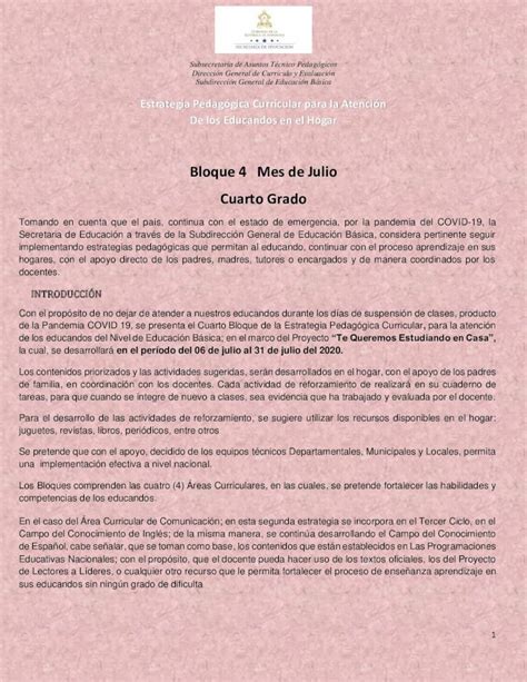 PDF Bloque 4 Mes De Julio Cuarto Grado Educatrachos Estrategia