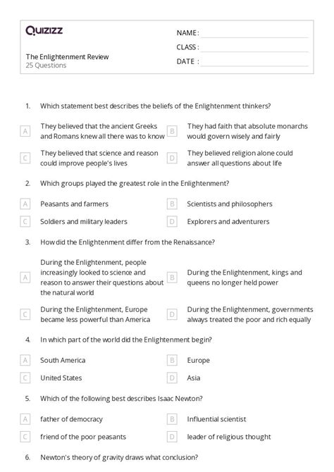 50 The Enlightenment Worksheets For 6th Year On Quizizz Free Printable