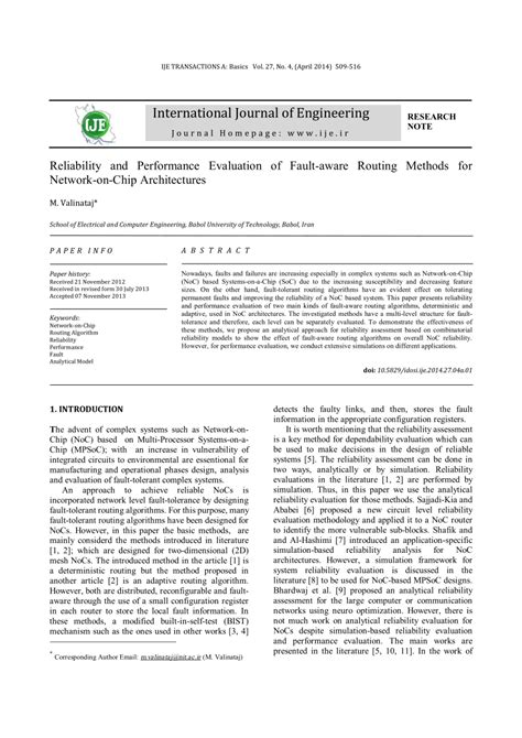 pdf reliability and performance evaluation of fault aware routing methods for network on chip