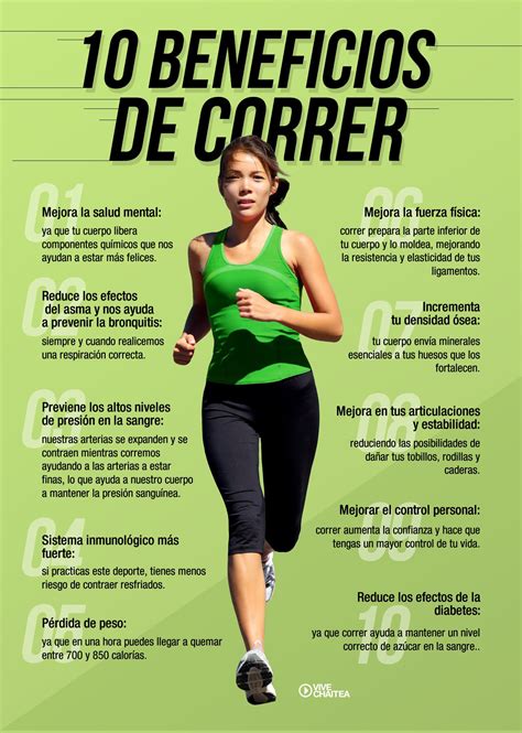 A Woman Running In Green And Black With The Words 10 Benefios De Correr