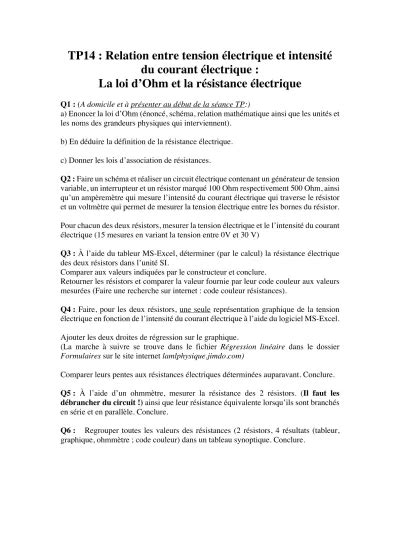 TP14 Relation entre tension électrique et intensité du courant