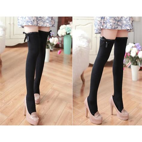 1 Pair Wavy Lace Ribbon Bow Sock Elastic And Thin Over Knee High Socks Keep Warm Girls Cotton