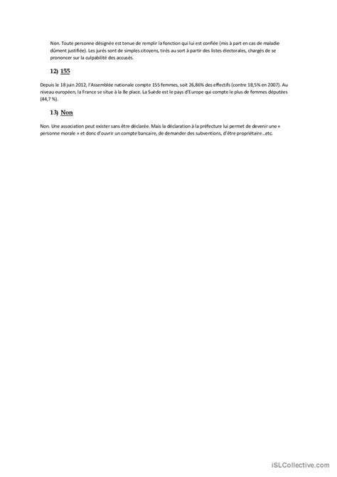 quiz citoyenneté compréhension génér Français FLE fiches pedagogiques