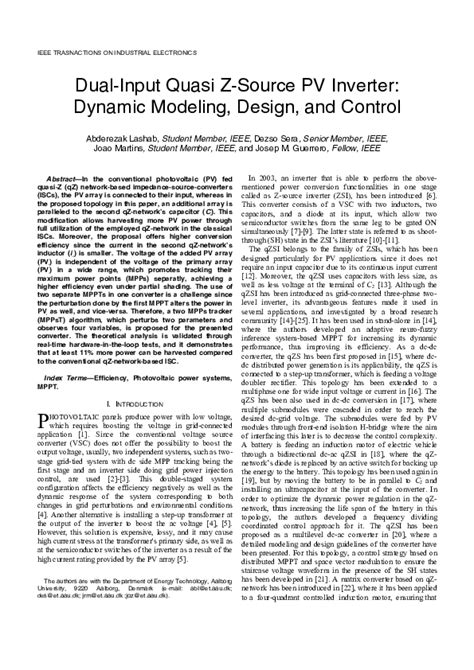 pdf dual input quasi z source pv inverter dynamic modeling design and control abderezak