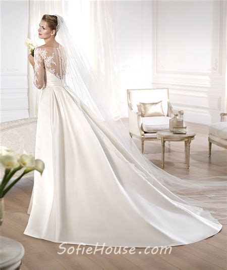 A Line Illusion Neckline Long Lace Sleeve Satin Wedding Dress With