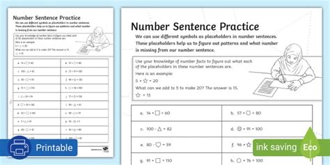 Number Sentence Practice Activity Sheet Twinkl