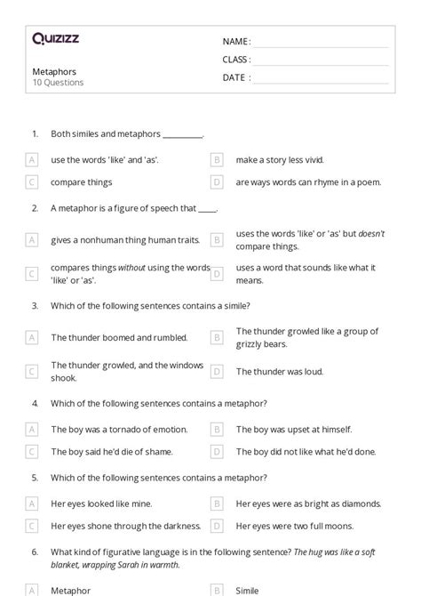 Metaphors Worksheets For Th Grade On Quizizz Free Printable