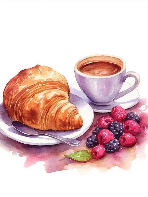 Una Pintura De Acuarela De Un Croissant Y Bayas Foto Premium