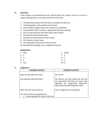 Detailed Lesson Plan Subject Verb Agreement Pdf