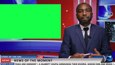 Newscaster Does Report With Greenscreen On Live Tv Program Presenting