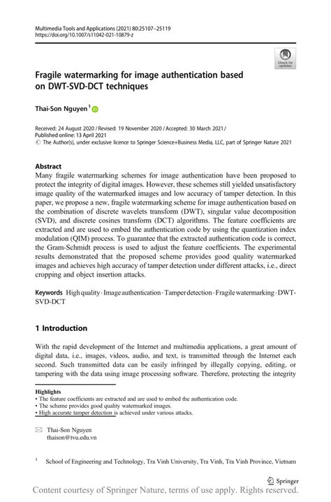 fragile watermarking for image authentication based on dwt svd dct techniques request pdf