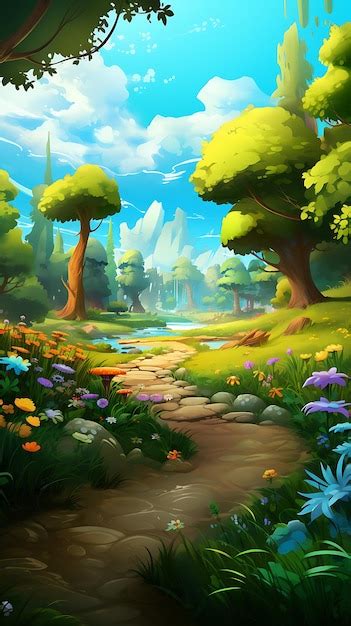 Ilustración de dibujos animados de un hermoso bosque con un arroyo y