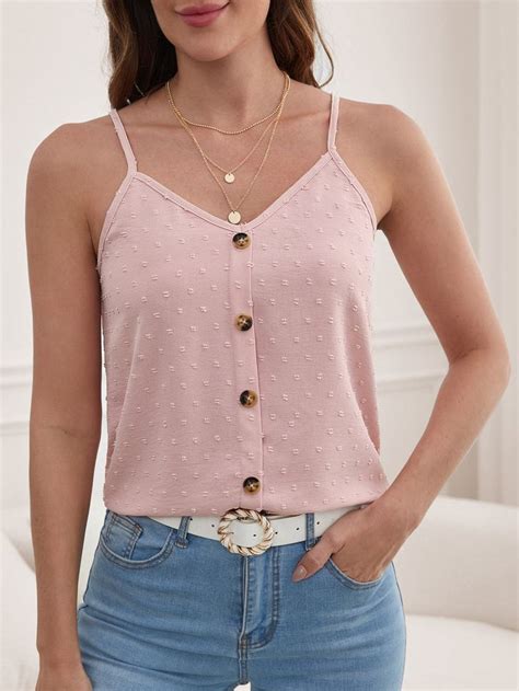 Top cami ponto suíço botão frontal Calções femininos Cami tops