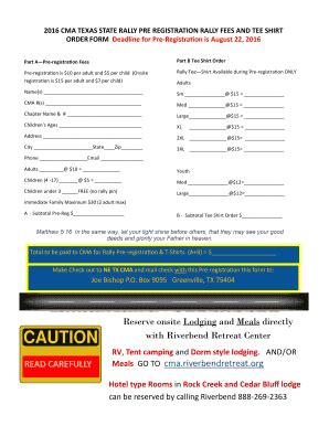 Fillable Online Cmascr4 2016 MA TEXAS STATE RALLY PRE REGISTRATION
