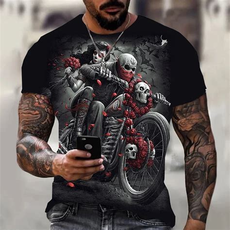 T Shirt M Ski W Stylu Vintage 3D Czaszka Motocyklista Nadruk Z Kr Tkim