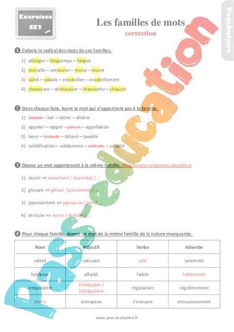 Evaluation Avec Le Corrig Pour Le Ce Sur Les Familles De Mots Bilan