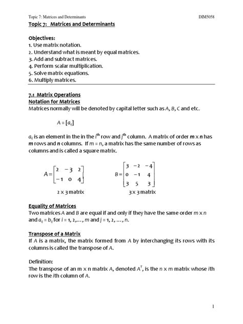 topic 7 matrices and determinants objectives pdf determinant matrix mathematics