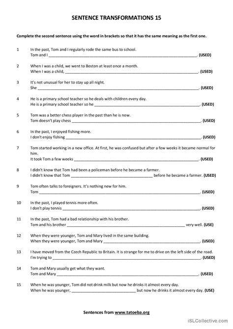 Sentence Transformations Used To English Esl Worksheets Pdf Doc