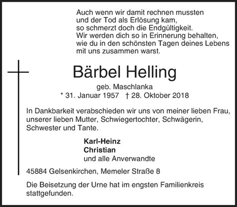 Traueranzeigen von Bärbel Helling Trauer in NRW de
