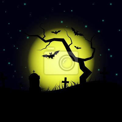 Halloween Design Background With Spooky Graveyard Naked Tree Wall
