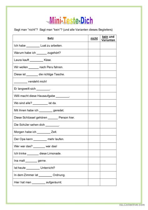 Mini Teste Dich Nicht und Kein allg Deutsch DAF Arbeitsblätter pdf doc