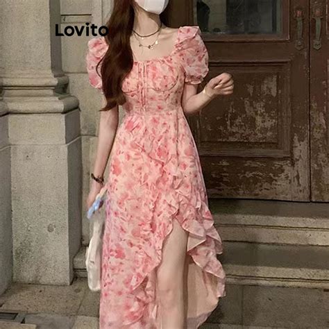 Lovito Vestido Feminino Boho Ditsy Floral Babados Decote Quadrado E