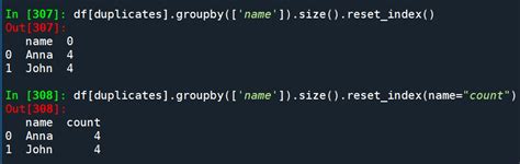 python pandas dataframe 如何找出重複值並計算重複次數 counts df[duplicates] groupby [ name ] size