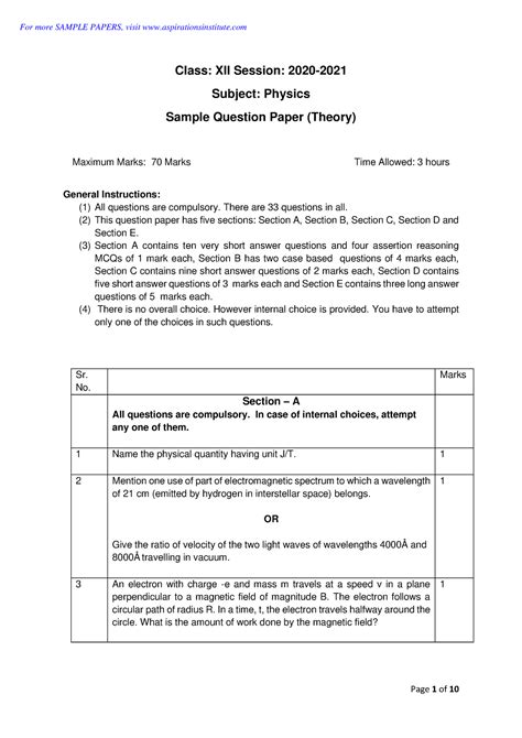 Sqp Class Cbse Physics Class Xii Session Subject