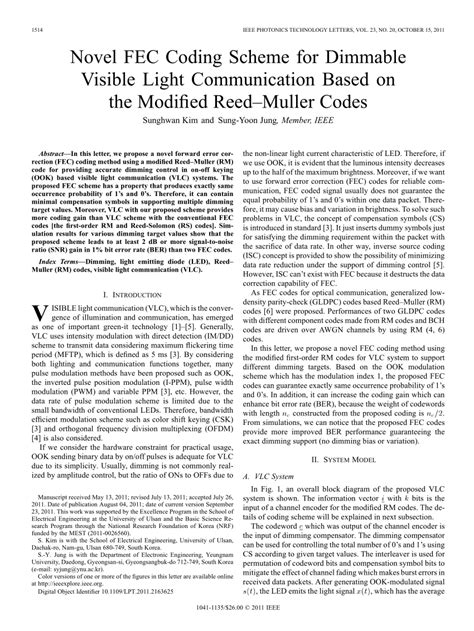 pdf novel fec coding scheme for dimmable visible light communication based on the modified