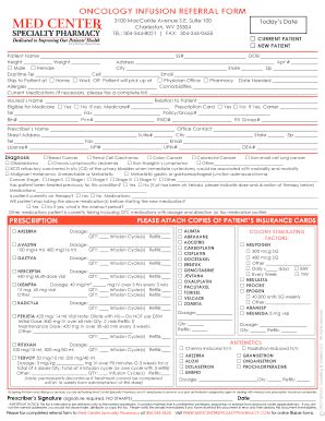 Fillable Online ONCOLOGY INFUSION REFERRAL FORM Med Center Specialty