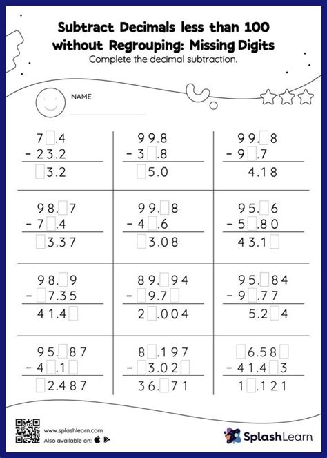 Subtract Decimals Less Than Without Regrouping Missing Digits