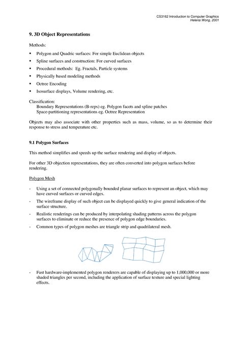 3d representation helena wong 2001 9 3d object representations methods ß polygon and