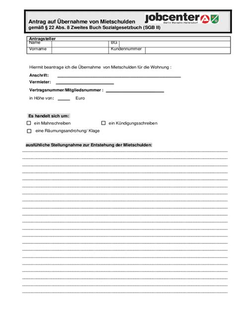 Ausfüllbar Online Antrag auf bernahme der Mietschulden nach22 Abs 8