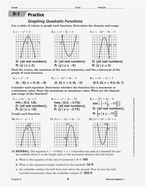 graphing quadratic functions worksheet with answers function worksheets