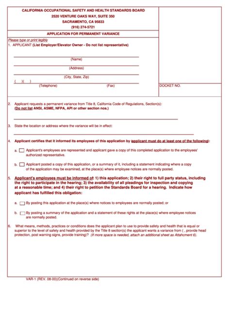 Fillable Form Var 1 Application For Permanent Variance Printable Pdf