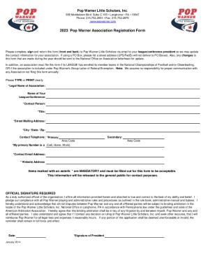 Fillable Online Pop Warner Association Registration Form
