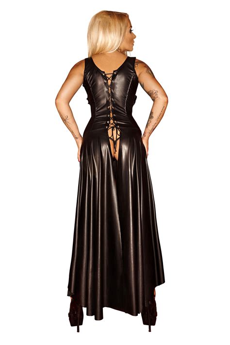 Schwarzes Damen Dessous fetisch Maxikleid wetlook Kleid mit Schnürung