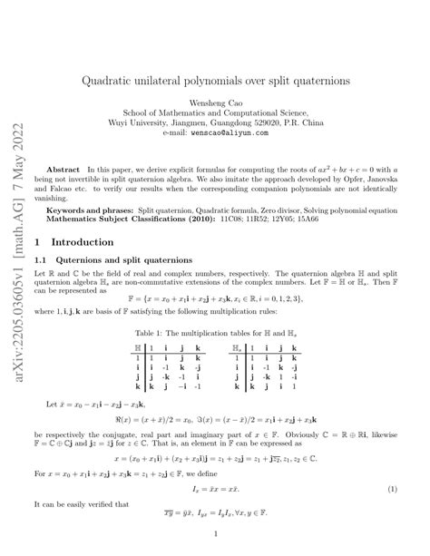 pdf quadratic unilateral polynomials over split quaternions