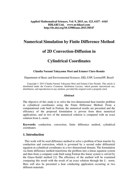 pdf numerical simulation by finite difference method of 2d convection diffusion in cylindrical