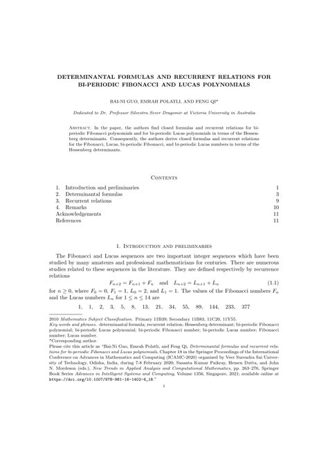 pdf determinantal formulas and recurrent relations for bi periodic fibonacci and lucas polynomials