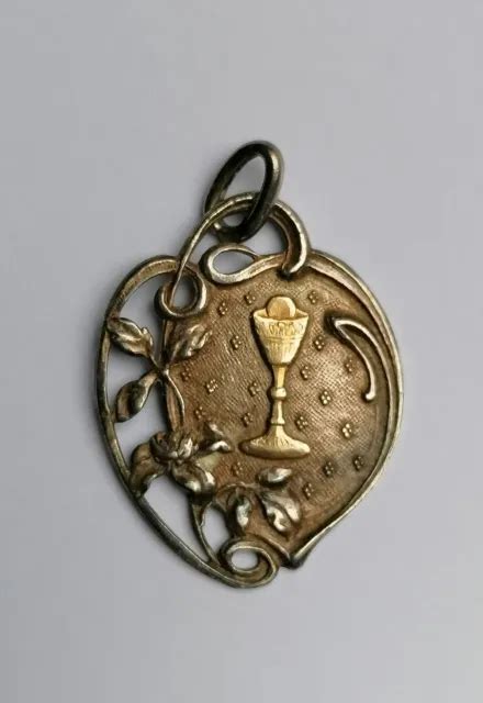 ANCIENNE MÉDAILLE DE communion en argent avec Art Nouveau Poinçon