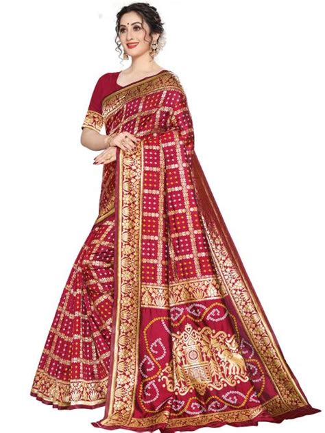 Buy Leeza Store Women Red Silk Blend Jacquard Woven Golden Zari